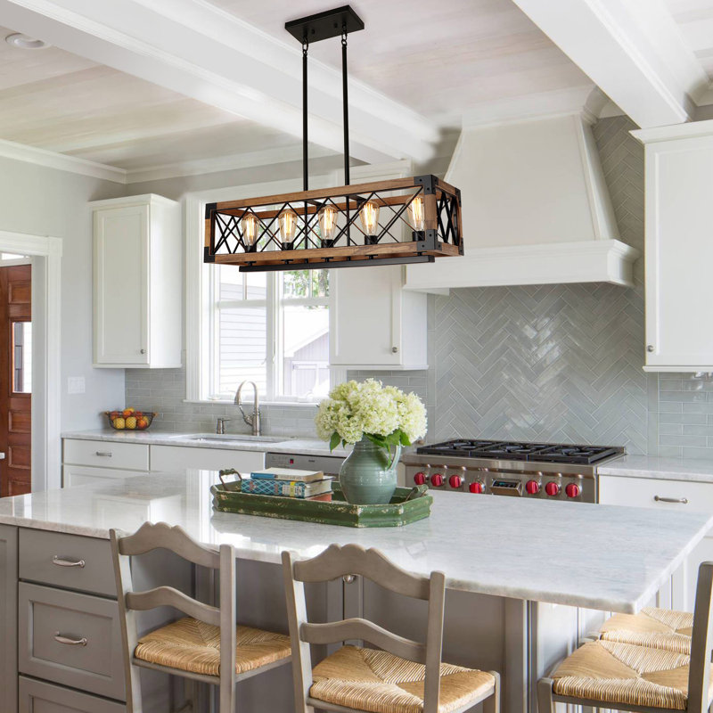 Gracie Oaks Rectangle Wood Chandelier Kitchen Lighting Fixtures,5 Lights Ceiling Hanging Pendant ...